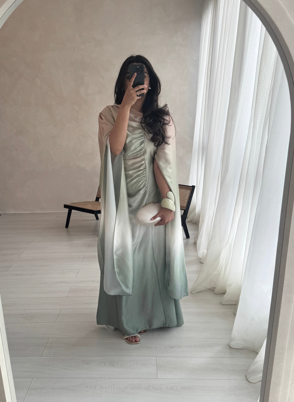 sage/nude ombre dress with scarf- lira | Fash Focused