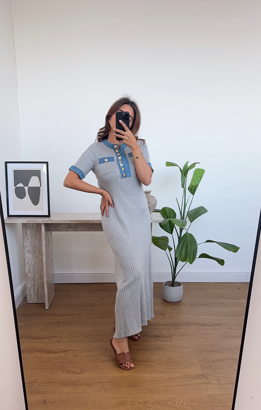 grey knit dress with denim detail- raina | Fash Focused
